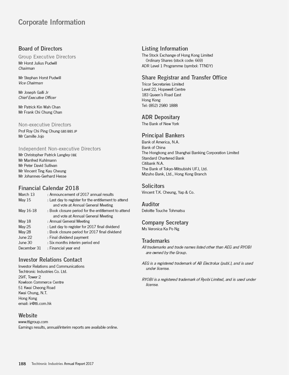 Corporate Information - TTI Annual Report 2017